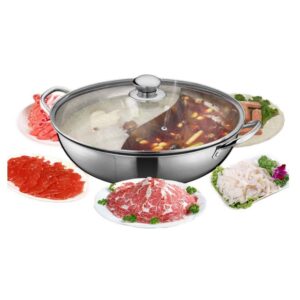 Yzakka Stainless Steel Shabu Shabu Hot Pot Pot with Divider for Induction Cooktop Gas Stove (13 IN, With Cover)