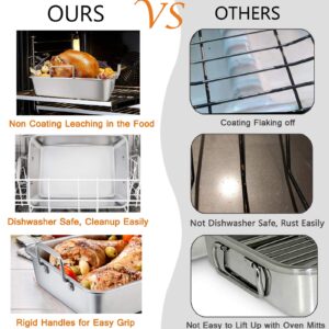 TeamFar Roasting Pan, 14 In Stainless Steel Turkey Roaster Pan with Cooling Rack & V Rack, Beer Can Chicken Holder/Meat Claws/Brush, Healthy & Dishwasher Safe, Set of 7