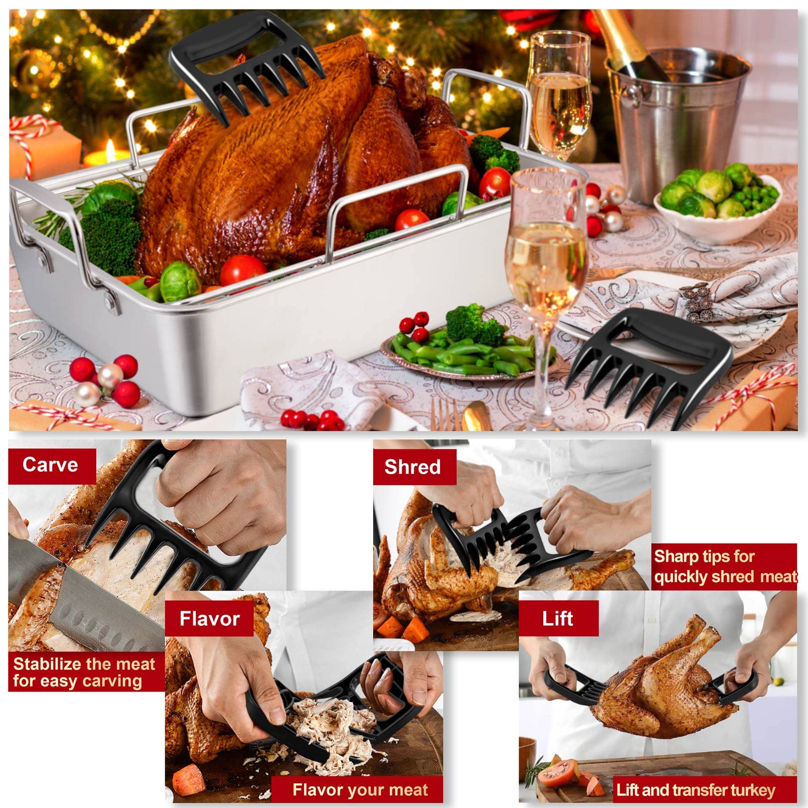 TeamFar Roasting Pan, 14 In Stainless Steel Turkey Roaster Pan with Cooling Rack & V Rack, Beer Can Chicken Holder/Meat Claws/Brush, Healthy & Dishwasher Safe, Set of 7