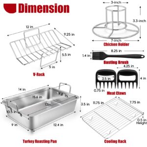 TeamFar Roasting Pan, 14 In Stainless Steel Turkey Roaster Pan with Cooling Rack & V Rack, Beer Can Chicken Holder/Meat Claws/Brush, Healthy & Dishwasher Safe, Set of 7