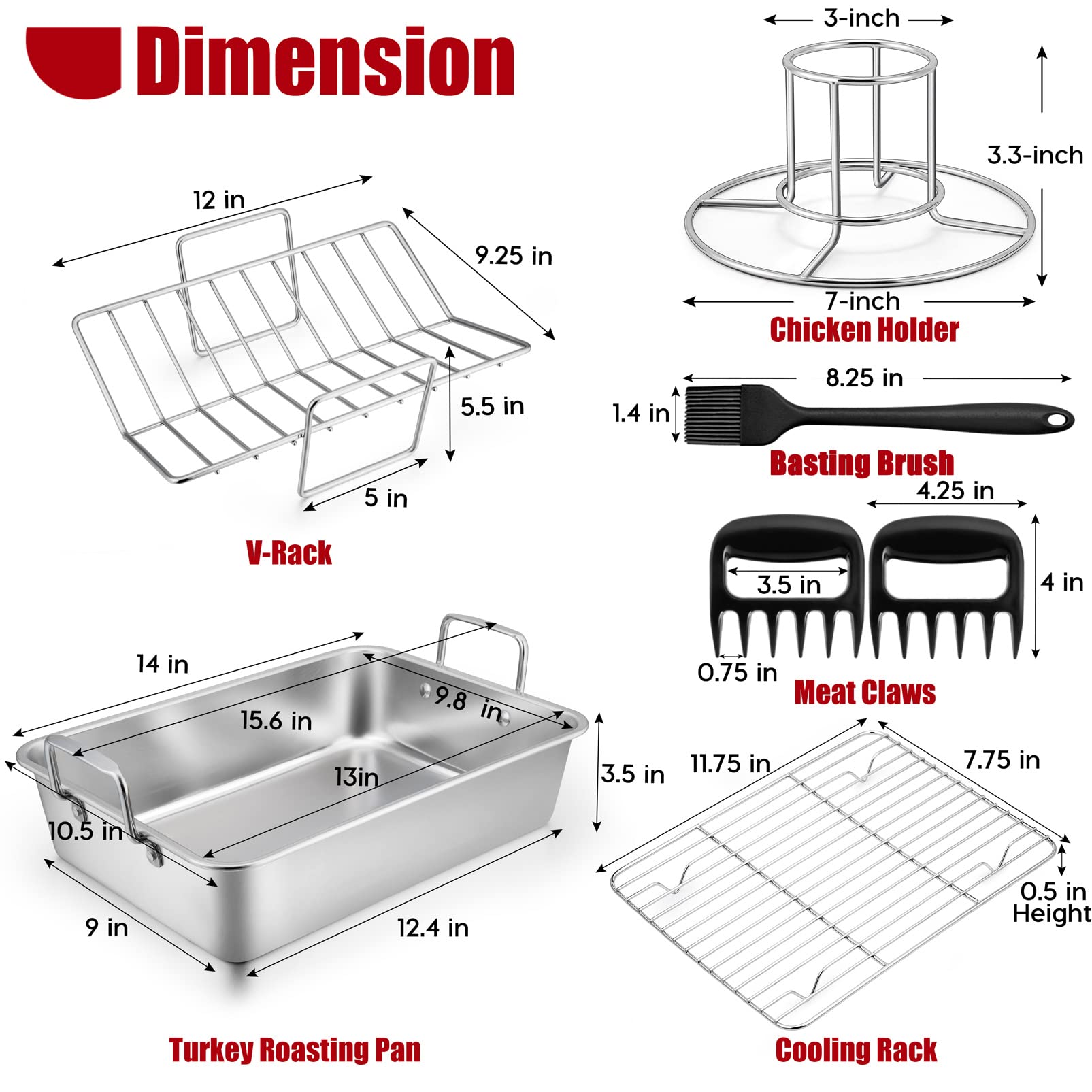 TeamFar Roasting Pan, 14 In Stainless Steel Turkey Roaster Pan with Cooling Rack & V Rack, Beer Can Chicken Holder/Meat Claws/Brush, Healthy & Dishwasher Safe, Set of 7