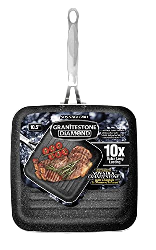 Granitestone Grill Pan 10.25" Nonstick and Scratchproof Stovetop Cookware PFOA Free Oven-Safe, Dish Washer Safe, 10X Extra Long Lasting - As Seen On TV