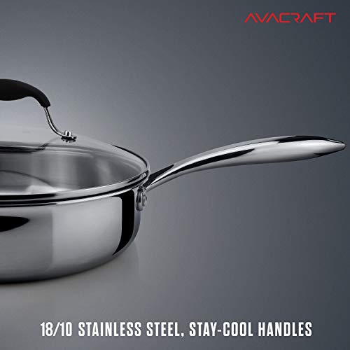 AVACRAFT 18/10 Tri-Ply Stainless Steel Saute Pan with Lid, Helper Handle, Induction Pan, Versatile Stainless Steel Skillet, Sauté Pans in our Pots and Pans cookware (3.5 Quarts)