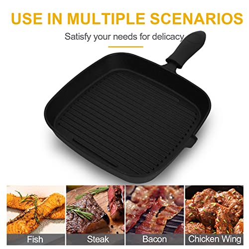 rincentd Cast Iron Grill Pan for Stove Tops, with Silicone Handles, Steak Pan Perfect for Meats Steak Fish and Vegetables, 10 Inch -Black