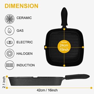 rincentd Cast Iron Grill Pan for Stove Tops, with Silicone Handles, Steak Pan Perfect for Meats Steak Fish and Vegetables, 10 Inch -Black