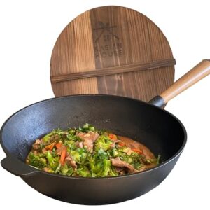 Kasian House Cast Iron Wok with Wooden Handle and Lid, Pre-Seasoned, 12" Diameter Chinese Wok with Flat Bottom, Heavy Duty Stir Fry Pan