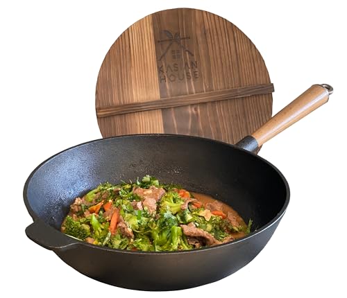 Kasian House Cast Iron Wok with Wooden Handle and Lid, Pre-Seasoned, 12" Diameter Chinese Wok with Flat Bottom, Heavy Duty Stir Fry Pan