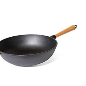 Kasian House Cast Iron Wok with Wooden Handle and Lid, Pre-Seasoned, 12" Diameter Chinese Wok with Flat Bottom, Heavy Duty Stir Fry Pan