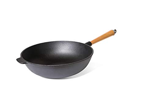 Kasian House Cast Iron Wok with Wooden Handle and Lid, Pre-Seasoned, 12" Diameter Chinese Wok with Flat Bottom, Heavy Duty Stir Fry Pan