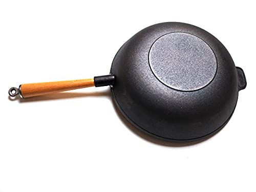 Kasian House Cast Iron Wok with Wooden Handle and Lid, Pre-Seasoned, 12" Diameter Chinese Wok with Flat Bottom, Heavy Duty Stir Fry Pan