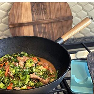 Kasian House Cast Iron Wok with Wooden Handle and Lid, Pre-Seasoned, 12" Diameter Chinese Wok with Flat Bottom, Heavy Duty Stir Fry Pan