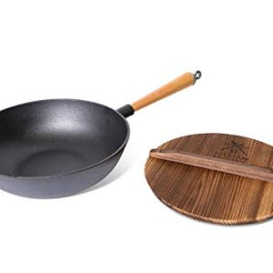 Kasian House Cast Iron Wok with Wooden Handle and Lid, Pre-Seasoned, 12" Diameter Chinese Wok with Flat Bottom, Heavy Duty Stir Fry Pan