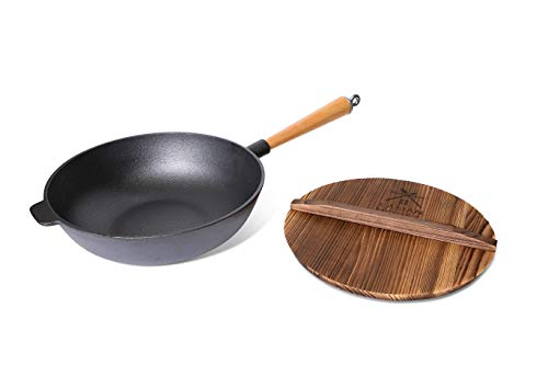 Kasian House Cast Iron Wok with Wooden Handle and Lid, Pre-Seasoned, 12" Diameter Chinese Wok with Flat Bottom, Heavy Duty Stir Fry Pan