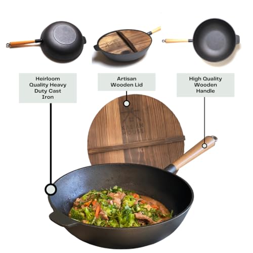 Kasian House Cast Iron Wok with Wooden Handle and Lid, Pre-Seasoned, 12" Diameter Chinese Wok with Flat Bottom, Heavy Duty Stir Fry Pan