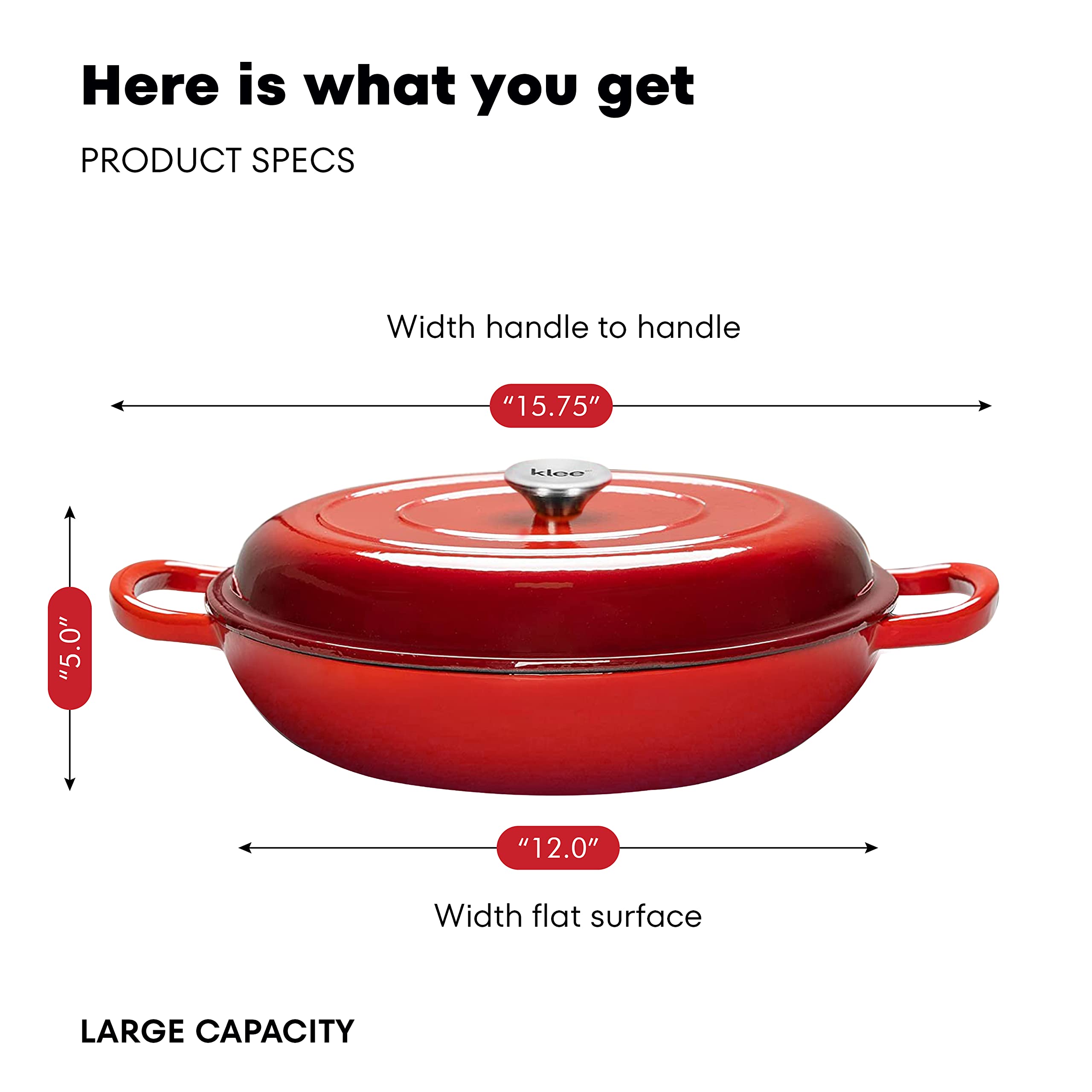 Klee 3.8 Quart Red Casserole Dish with Lid - Enameled Porcelain Coated Cast Iron Cookware Used as Braising Pan, Baking Pan, Saucepan, Frying Pan, and More - 3.8 Quart Capacity, 12 Inches