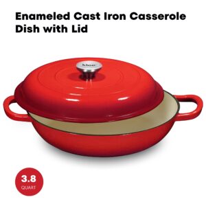 Klee 3.8 Quart Red Casserole Dish with Lid - Enameled Porcelain Coated Cast Iron Cookware Used as Braising Pan, Baking Pan, Saucepan, Frying Pan, and More - 3.8 Quart Capacity, 12 Inches