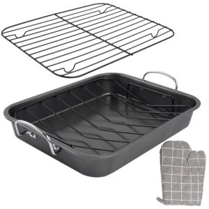 kitcom nonstick roasting pan with rack, 16 inch x 11.5 inch rectangular roaster set for roasting turkey, chicken, meat and veggies, gray