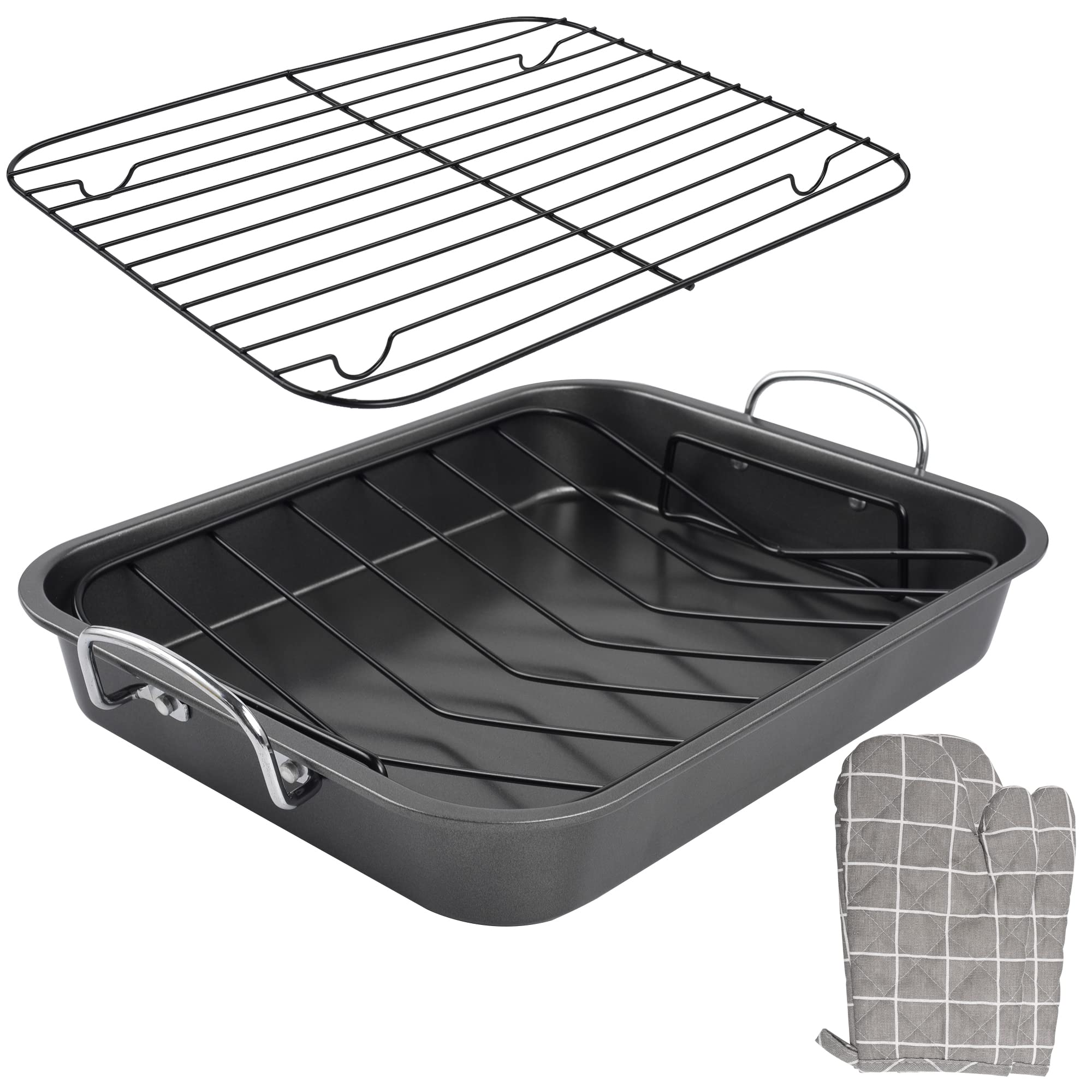 Kitcom Nonstick Roasting Pan with Rack, 16 Inch x 11.5 Inch Rectangular Roaster Set for Roasting Turkey, Chicken, Meat and Veggies, Gray