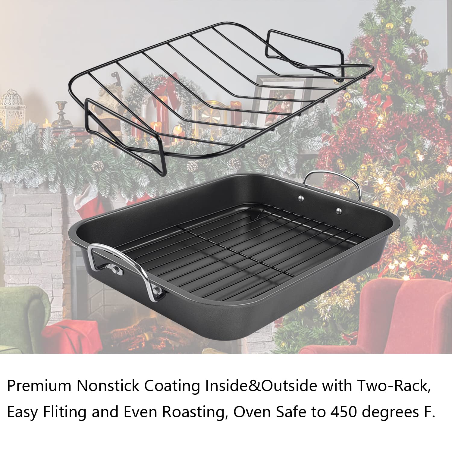 Kitcom Nonstick Roasting Pan with Rack, 16 Inch x 11.5 Inch Rectangular Roaster Set for Roasting Turkey, Chicken, Meat and Veggies, Gray