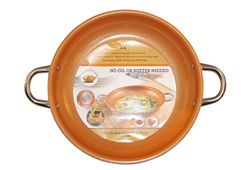 Dawpet Copper Frying Pan 14-Inch Non Stick Ceramic Infused Titanium Steel Oven Safe, Dish Washer Safe, Scratch Proof Round Handles For Comfort Grip