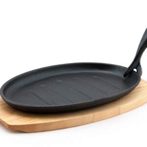 Fuji Merchandise Oval Shape Cast Iron Steak Plate Sizzle Griddle with Wooden Base Steak Pan Grill Fajita Server Plate Home or Restaurant