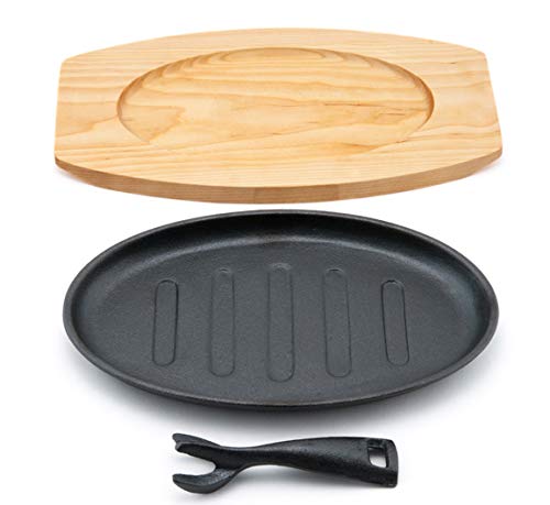 Fuji Merchandise Oval Shape Cast Iron Steak Plate Sizzle Griddle with Wooden Base Steak Pan Grill Fajita Server Plate Home or Restaurant