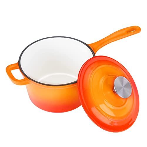 Healthy Choices 1 Qt Small Enameled Cast Iron Sauce Pan with Lid, Mini Enamel Sauce Pot, Single Serving Pasta Sauce, Gravy, Puddings & 2-4 Eggs, Butter Warmer, All Cooktops - 500°F, Dishwasher Orange