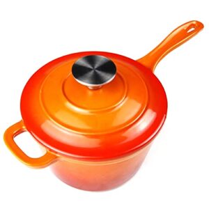 Healthy Choices 1 Qt Small Enameled Cast Iron Sauce Pan with Lid, Mini Enamel Sauce Pot, Single Serving Pasta Sauce, Gravy, Puddings & 2-4 Eggs, Butter Warmer, All Cooktops - 500°F, Dishwasher Orange