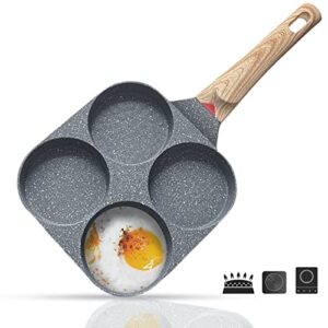 ngoray pancake egg frying pan nonstick mini - 4 cups omelet poached egg pan for breakfast divided coating with non sticking handle suitable pancakes for all stoves top (wood grain handle)