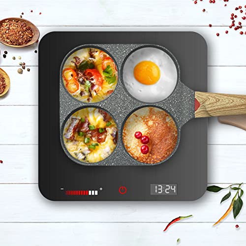 NGORAY Pancake Egg Frying Pan Nonstick Mini - 4 Cups Omelet Poached Egg Pan for Breakfast Divided Coating with Non Sticking Handle Suitable Pancakes for All Stoves Top (Wood grain handle)