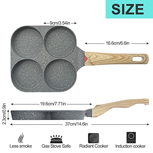 NGORAY Pancake Egg Frying Pan Nonstick Mini - 4 Cups Omelet Poached Egg Pan for Breakfast Divided Coating with Non Sticking Handle Suitable Pancakes for All Stoves Top (Wood grain handle)