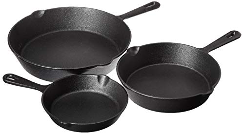 Jim Beam HEA Set of 3 Pre Seasoned Cast Iron Skillets with Even Distribution and Heat Retention-6" 8" 10", 10'', Black