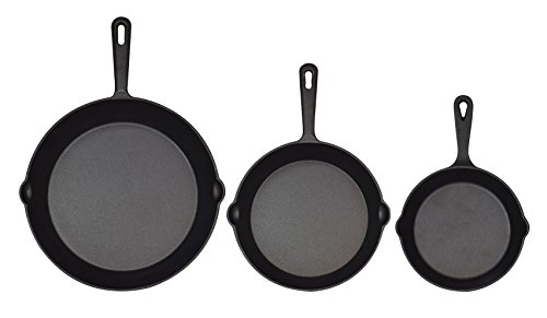 Jim Beam HEA Set of 3 Pre Seasoned Cast Iron Skillets with Even Distribution and Heat Retention-6" 8" 10", 10'', Black