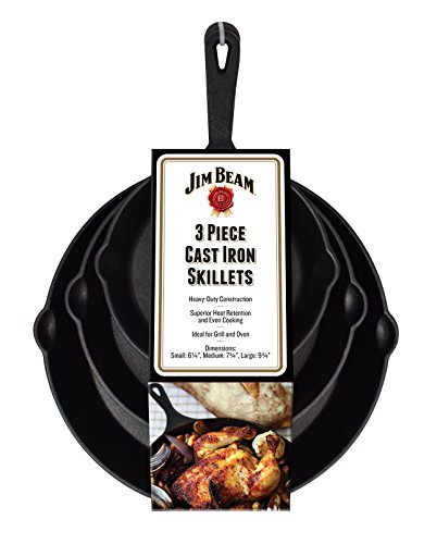 Jim Beam HEA Set of 3 Pre Seasoned Cast Iron Skillets with Even Distribution and Heat Retention-6" 8" 10", 10'', Black