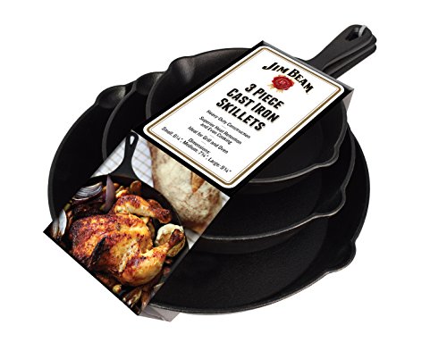 Jim Beam HEA Set of 3 Pre Seasoned Cast Iron Skillets with Even Distribution and Heat Retention-6" 8" 10", 10'', Black