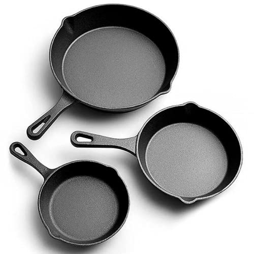 Jim Beam HEA Set of 3 Pre Seasoned Cast Iron Skillets with Even Distribution and Heat Retention-6" 8" 10", 10'', Black