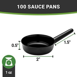 Restaurantware 1 Ounce Disposable Dessert Cups, 100 Mini Sauce Dishes - Sauce Pan Design, Serve Condiments, Snacks or Samples, Black Plastic Small Appetizer Plates, For Parties or Catered Events