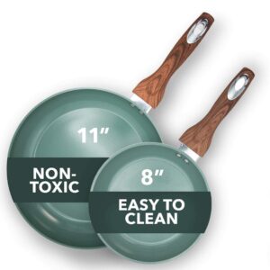 phantom chef frying pan set | 100% aluminum nonstick frying pan set with nontoxic ceramic coating | soft touch stay cool handle | ptfe pfoa lead and cadmium free | 8 inch and 11 inch fry pan | green