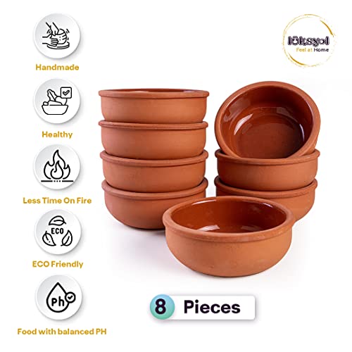 LUKSYOL Handmade Colored Clay Bowls: Authentic Mexican Pottery Set of 8 for Culinary Delights - Ideal for Tajine, Indian, Korean Cuisine, Microwave & Oven Safe, 3.9 x 1.6 inches, Brown Glazed