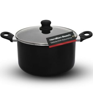 hamilton beach nonstick covered stockpot 8-qt - black aluminum stockpot with soft touch bakelite handle & glass lid - flared edge - spiral bottom, multipurpose use - durable & dishwasher safe