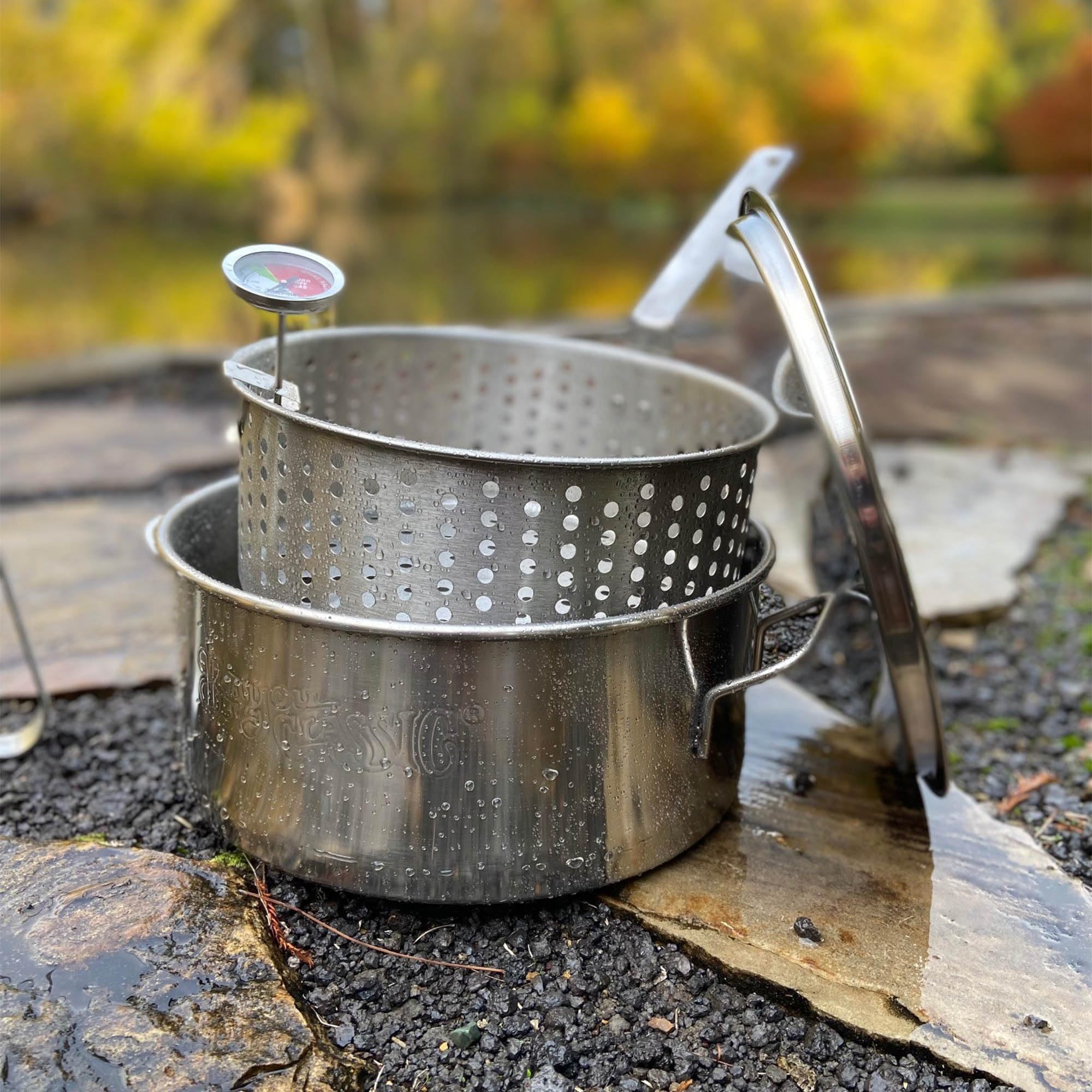 Bayou Classic 1101 10-qt Stainless Steel Fry Pot Perfect For Frying Fish Shrimp Chicken Hushpuppies and Fries Includes Stainless Steel Perforated Basket 5-in Frying Thermometer and Stainless Lid