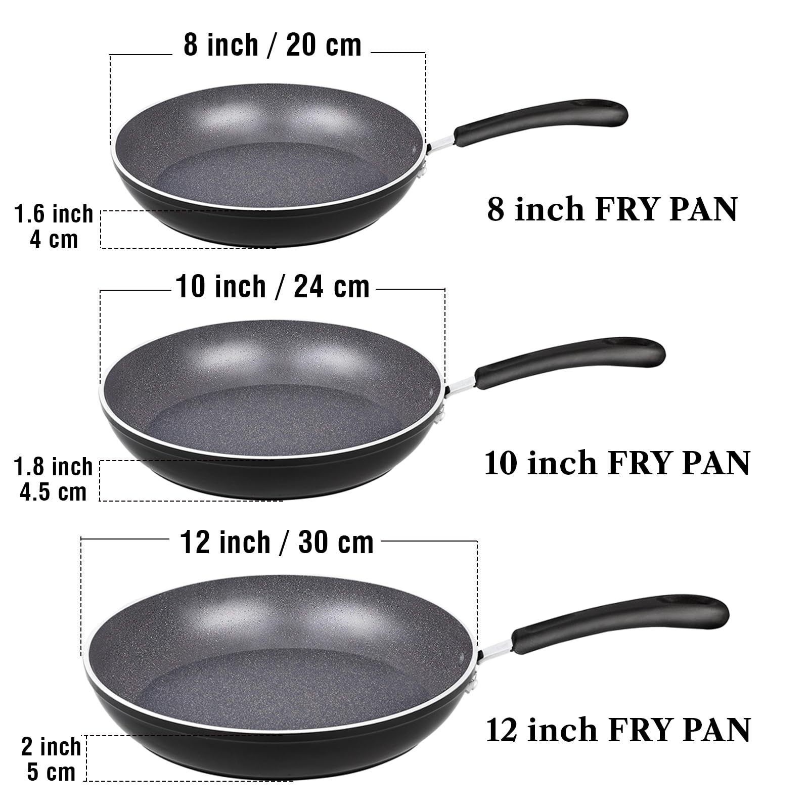 Cook N Home 8"/10"/12" 3 Pieces Frying Saute Pan Set with Non-stick Coating and Induction Compatible bottom, Black