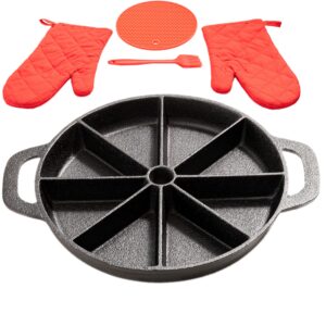 cast iron scone pan/cornbread pan for 8 wedge shaped bakes, pre-seasoned - comes with oven mitts, silicone trivet and oil brush - by kuha