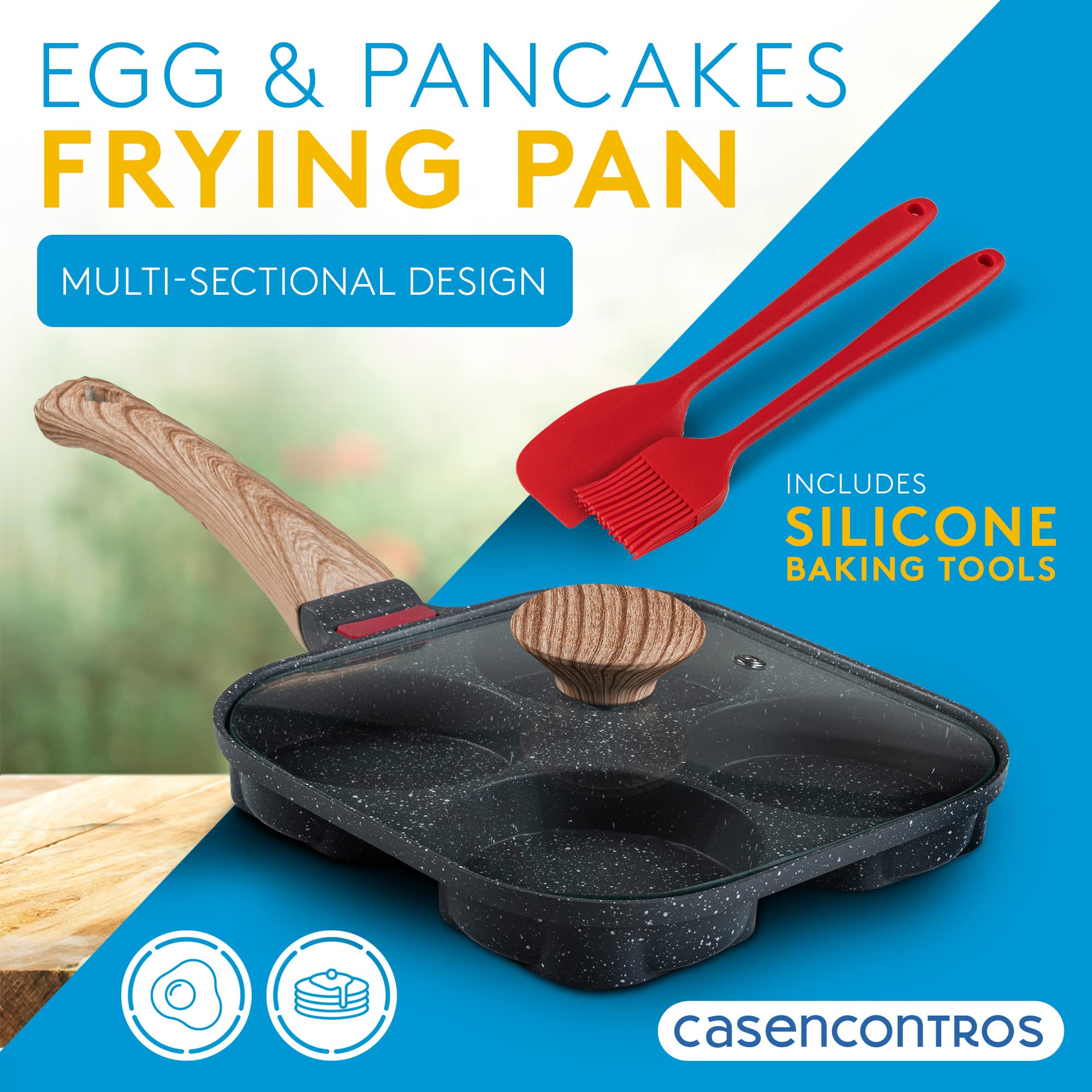 CASENCONTROS Egg Pan with flipping Lid - Nonstick Egg Frying Pan [4 Cup Cooker] - Egg Pans Nonstick for Induction & Gas Cooker - Brush & Scraper included - Egg Skillet for perfect Eggs, Omelet & Crepe