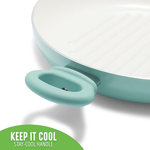 GreenLife Soft Grip Healthy Ceramic Nonstick, 11" Grill Pan with 2 Handles and Lid, PFAS-Free, Dishwasher Safe, Turquoise