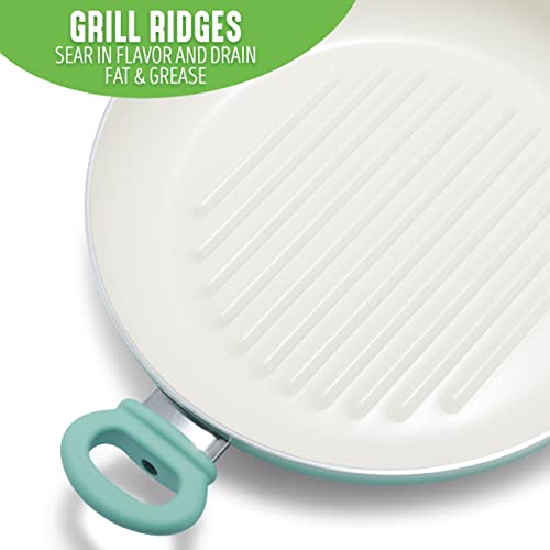 GreenLife Soft Grip Healthy Ceramic Nonstick, 11" Grill Pan with 2 Handles and Lid, PFAS-Free, Dishwasher Safe, Turquoise