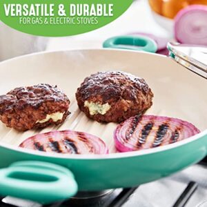 GreenLife Soft Grip Healthy Ceramic Nonstick, 11" Grill Pan with 2 Handles and Lid, PFAS-Free, Dishwasher Safe, Turquoise