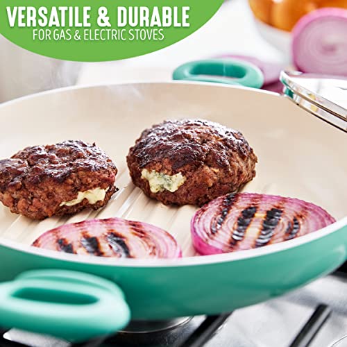 GreenLife Soft Grip Healthy Ceramic Nonstick, 11" Grill Pan with 2 Handles and Lid, PFAS-Free, Dishwasher Safe, Turquoise