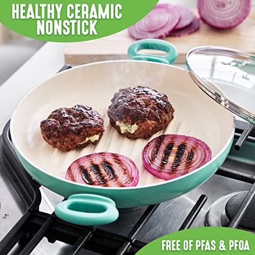 GreenLife Soft Grip Healthy Ceramic Nonstick, 11" Grill Pan with 2 Handles and Lid, PFAS-Free, Dishwasher Safe, Turquoise