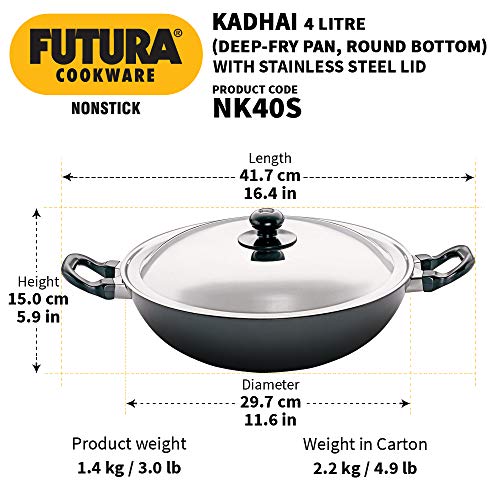 Futura Q 57 Non-Stick Deep-Fry Pan(Kadhai) 4.0 Litre with Steel Lid, 4 Liter, Gray